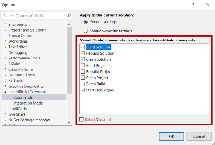 Configuring Incredibuild Visual Studio Commands